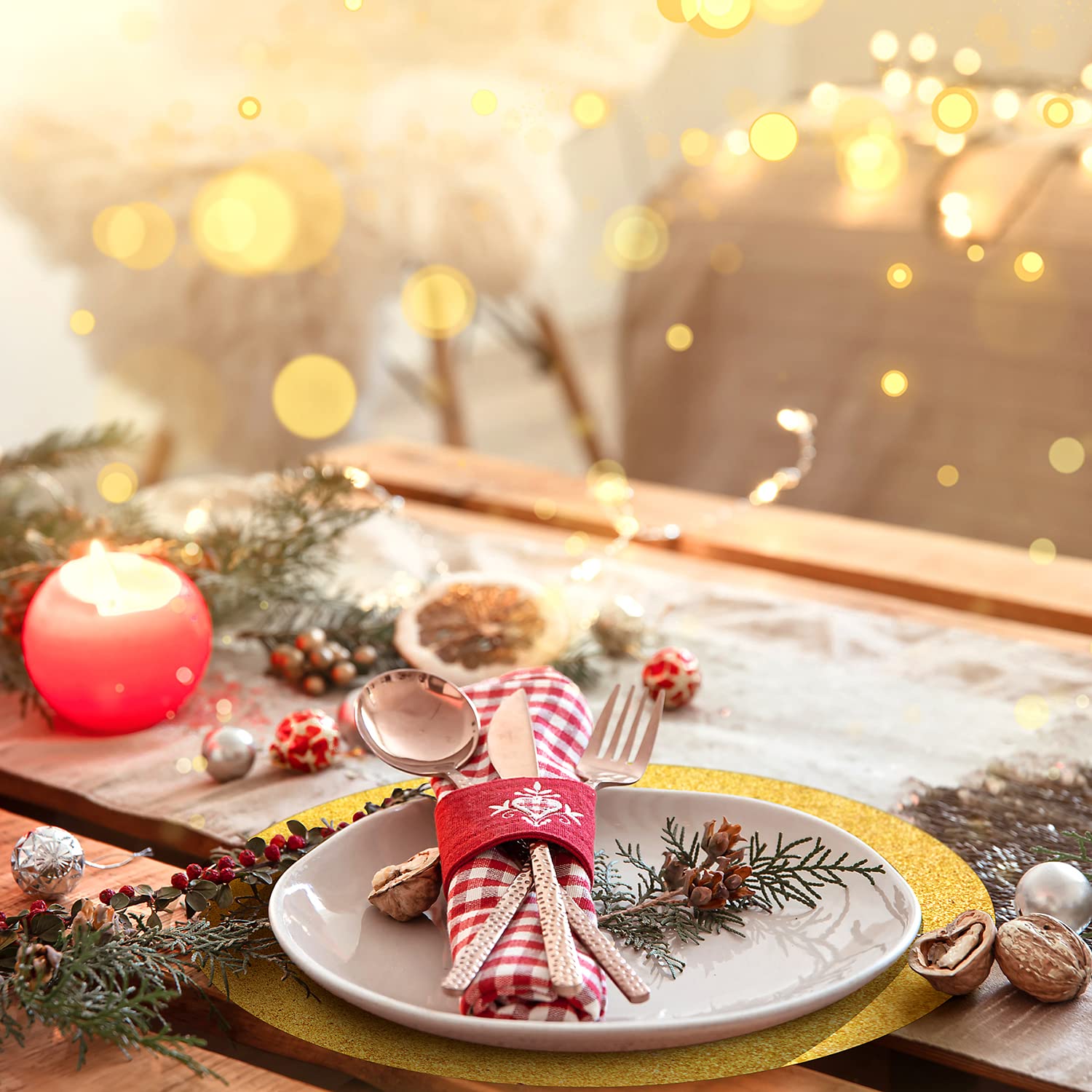 Datyiiha 50 Pieces Gold Glitter Paper Place Mats Sparkle Round Disposable Table Mats Golden Sequin Doilies Decorative Placemats for Wedding Banquet Party Home Dining Tableware