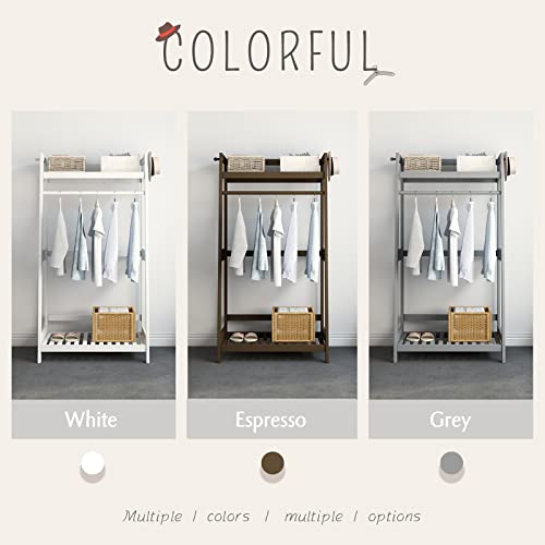 IOTXY Open Wood Garment Rack - White Solid Wood Freestanding Clothing Rack with Storage Shelves and Rod for Hanging Clothes, Open Shelving Wardrobe and Closet Organizer for Bedroom, 27.6" W