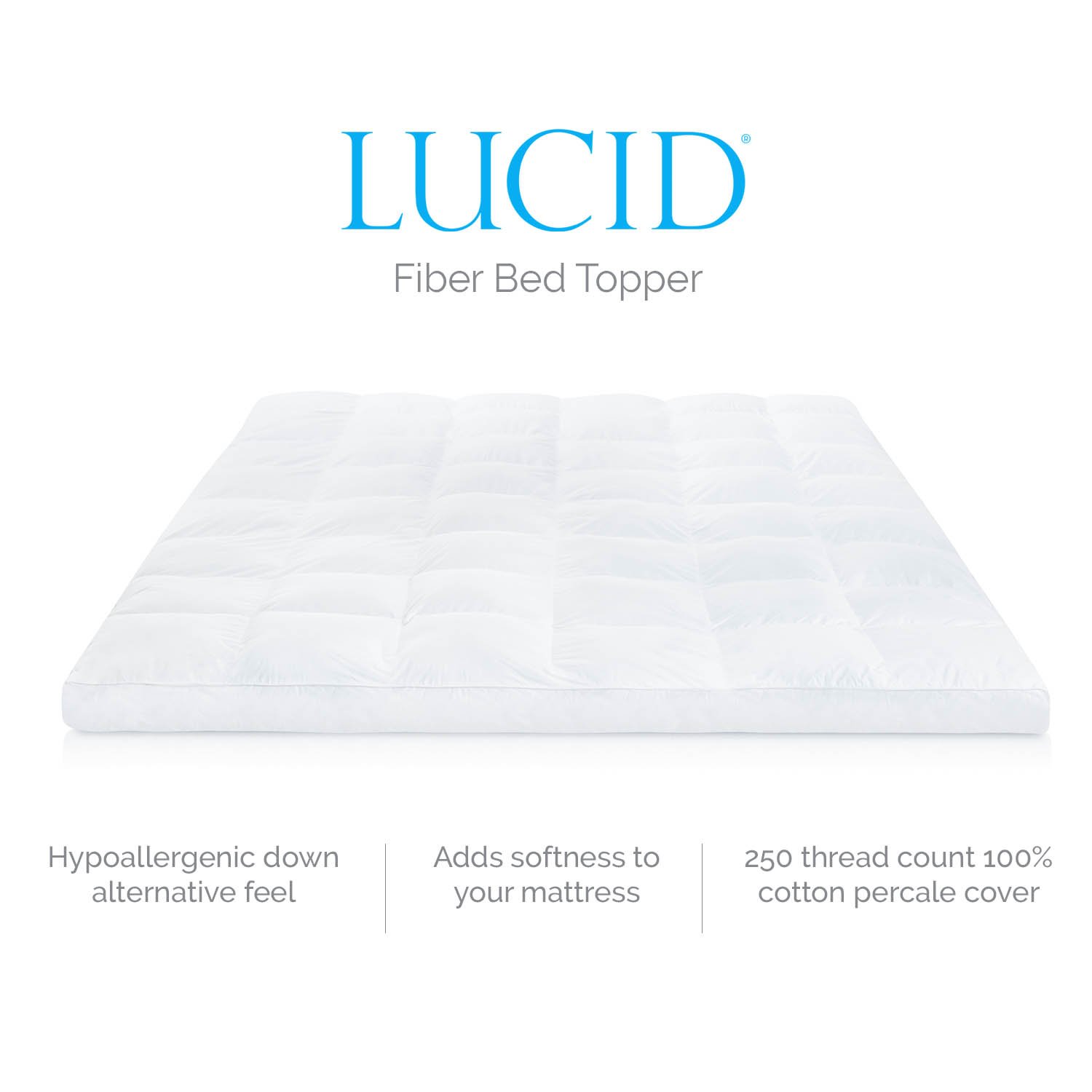 LUCID Ultra Plush 3 Inch Down Alternative Fiber Bed Mattress Topper-Allergen Free Pillow Top-Soft and Breathable Cotton Percale Cover, King, White