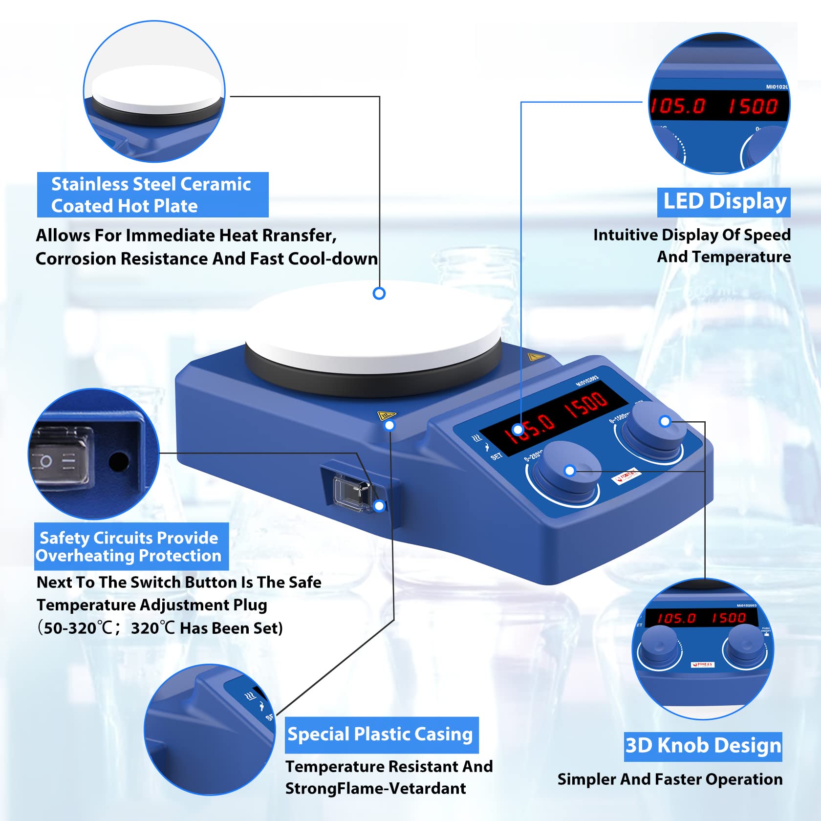 FOUR E'S SCIENTIFIC 5 Inch Magnetic Stirrer Hot Plate Max Temp 280℃/536°F | Max 5L Stirring Capacity | 100-1500RPM | 110V | Laboratory Hot Plate with Temp Probe Sensor & Stir Bar (Not Include Stand)