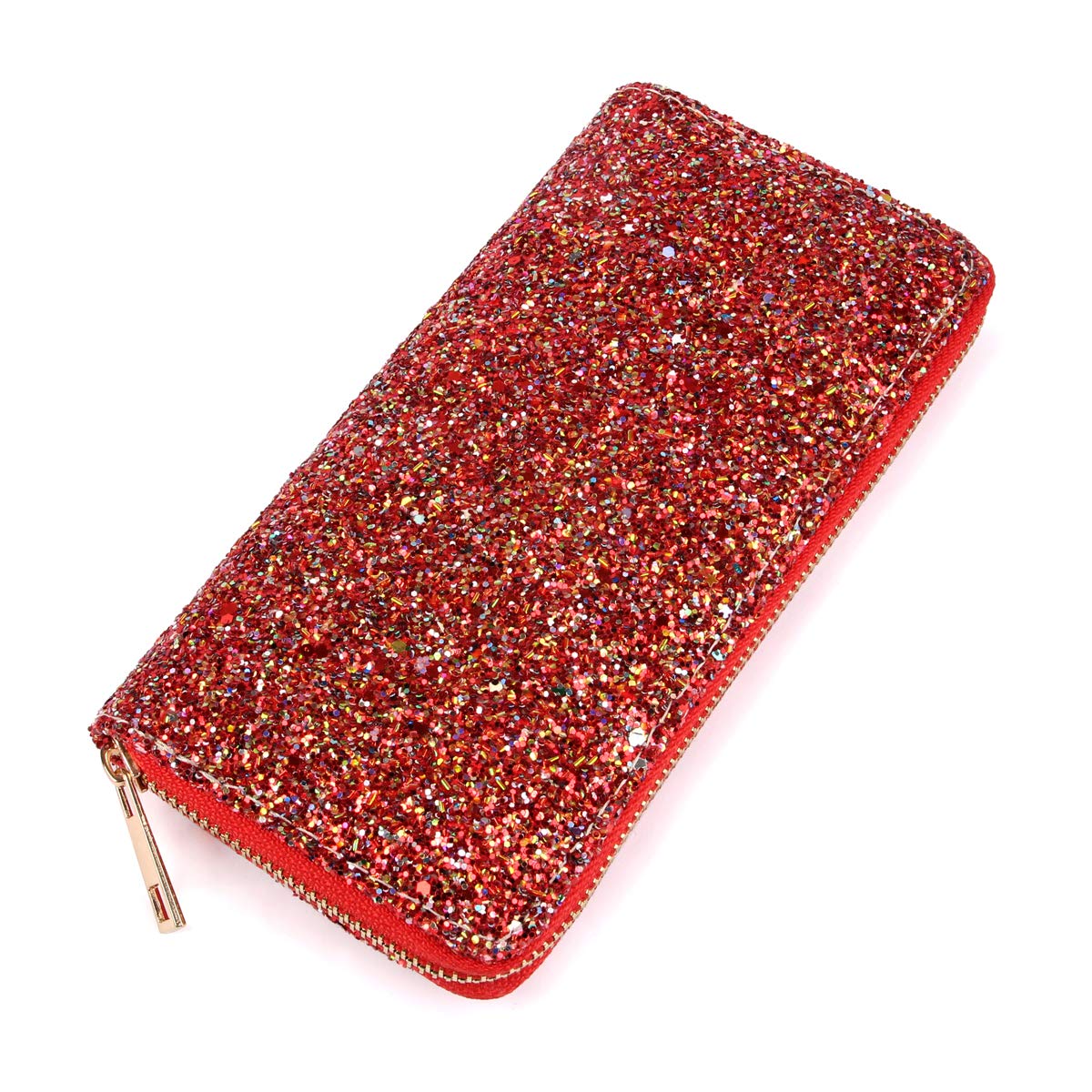 MYS Collection RIAH FASHION Rainbow Glitter Zip Around Wallet - Sparkly Confetti Single Zipper Clutch Purse with Card Slots (Rainbow - Red)