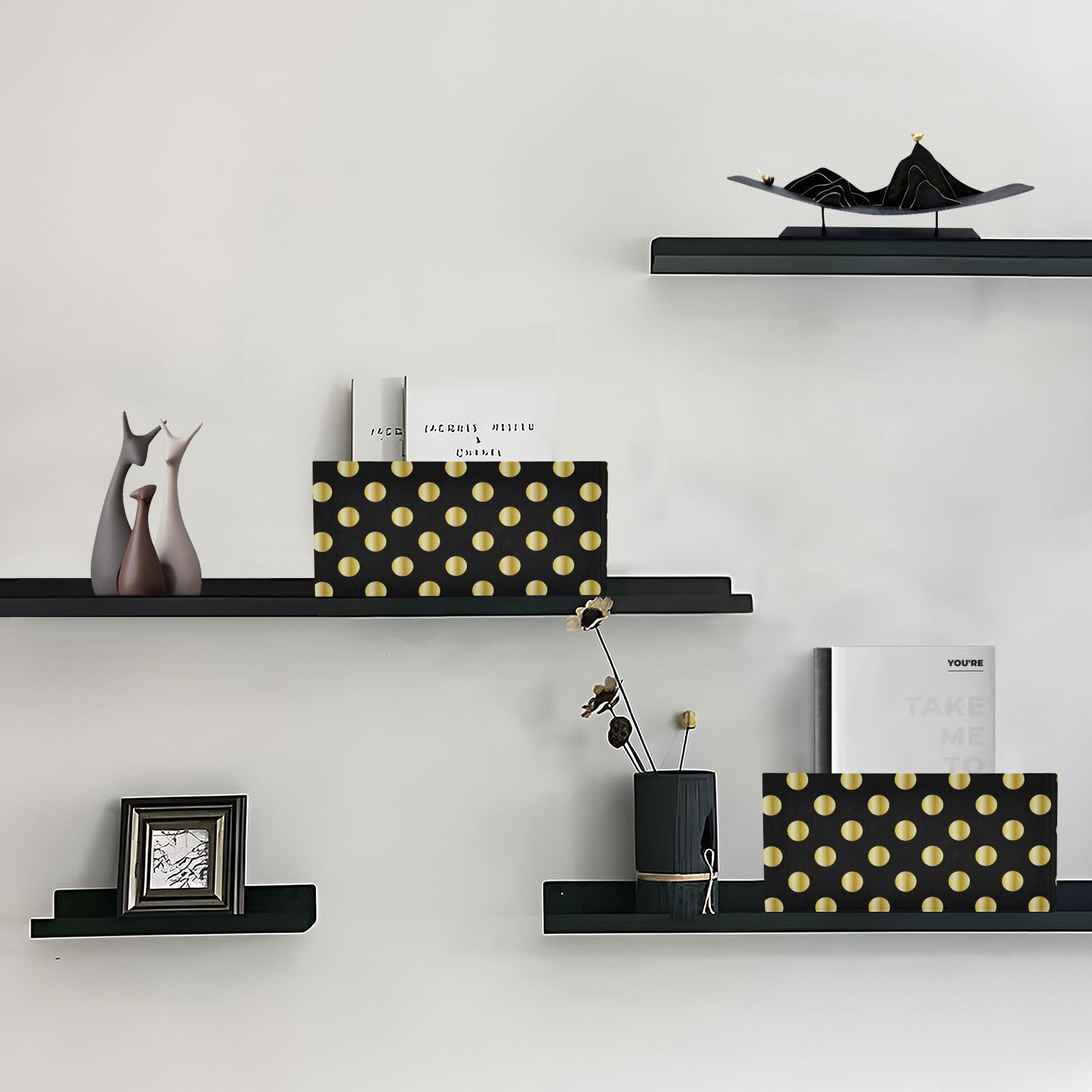 Gold Polka Dot Black Foldable Basket Rectangle Storage Bin Decorative Organizing Baskets for Shelves and Closet, Set of 2