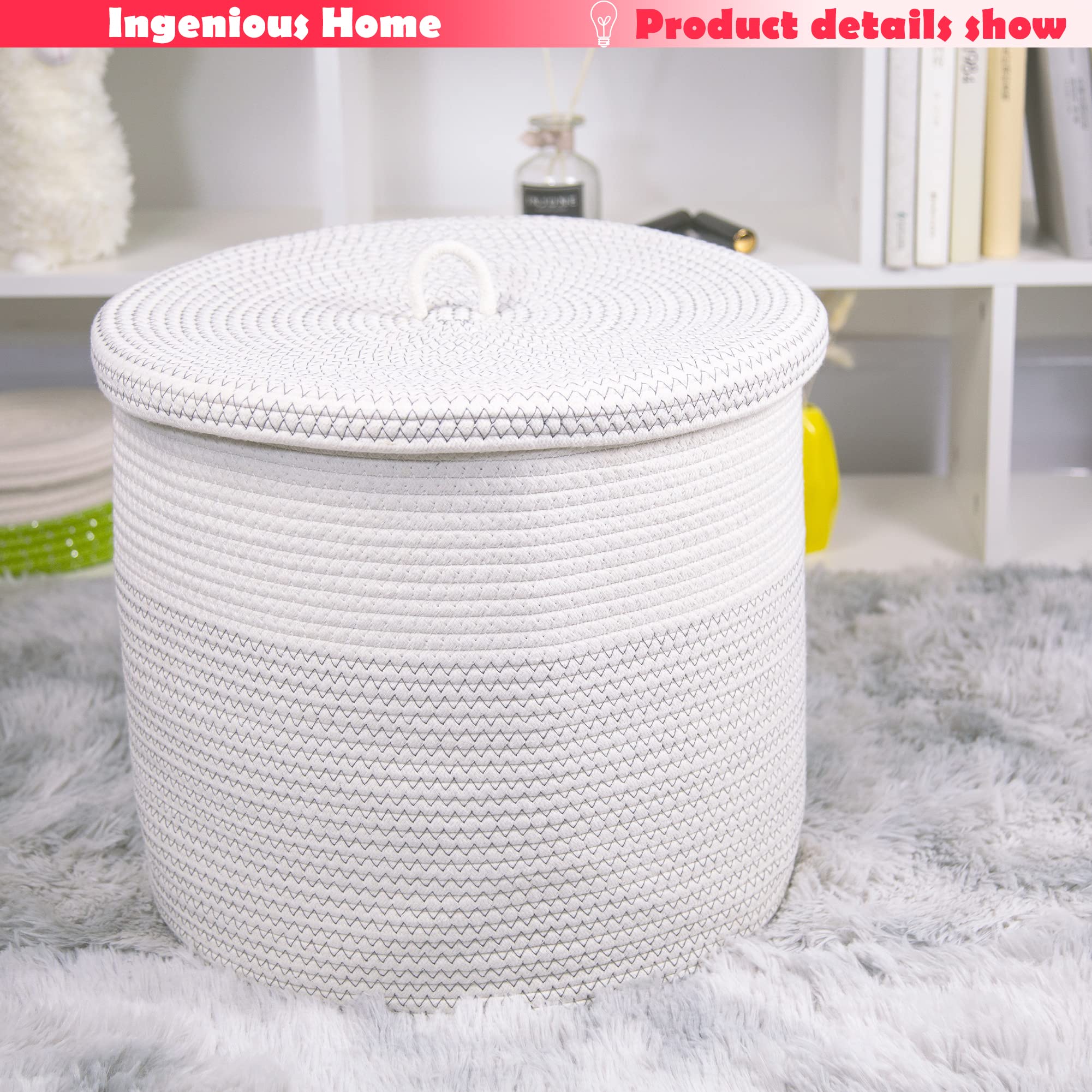 Ingenious Home –basket with lid, woven baskets for storage, nursery hamper with lid, for room living room decorative storage, multi-Purpose lidded basket( Gray line 16D x 14H inch)