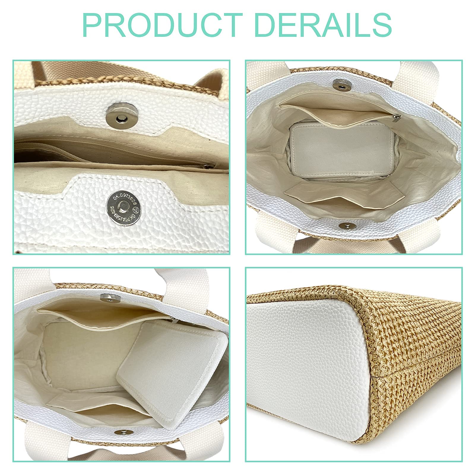 N.Bin Straw Bags for Women, Imitation Straw Weave Tote with Handles Boho Beach Tote Bag Straw Purses and Handbags,Summer Purses for Women with Magnetic Closure(White)