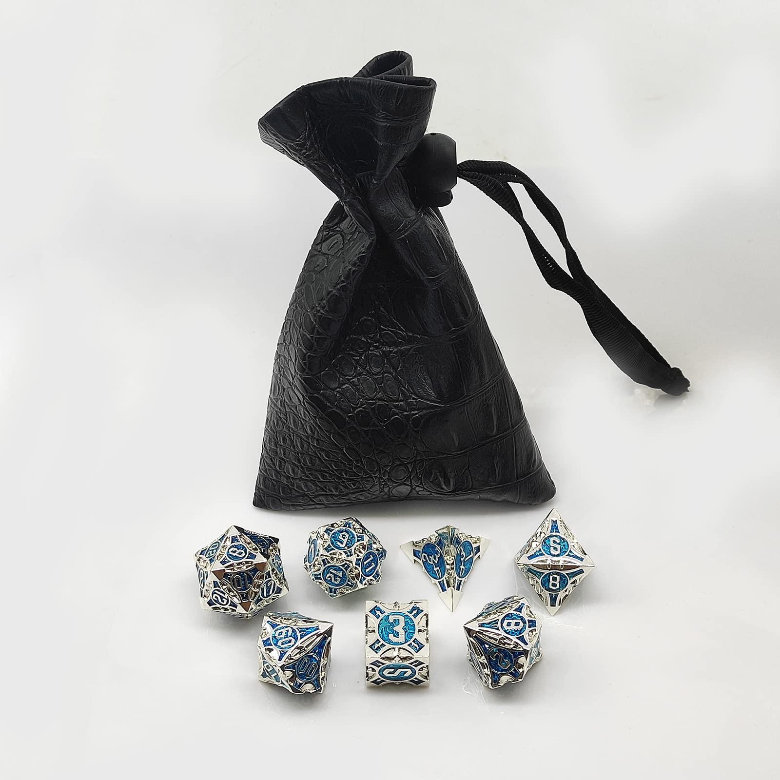 DND Metal Dice Set D&D Dungeons and Dragons Gift Polyhedron RPG MTG D20 D12 D6 D and D Pathfinder Board Games Dice Accessories with Storage Bag-Silver Blue