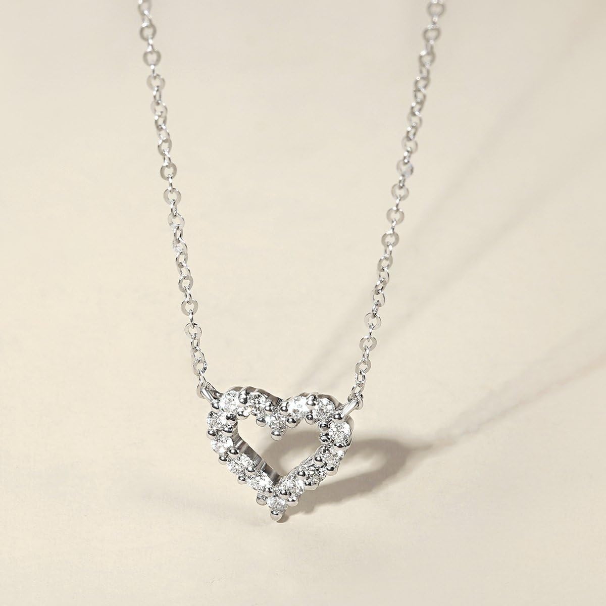 Carleen Solid Real Gold Round Diamond Small Tiny Love Open Heart Dainty Pendant Necklace Delicate Valentines Day Jewelry for Women Girls, 16+2" Solid Gold Chain