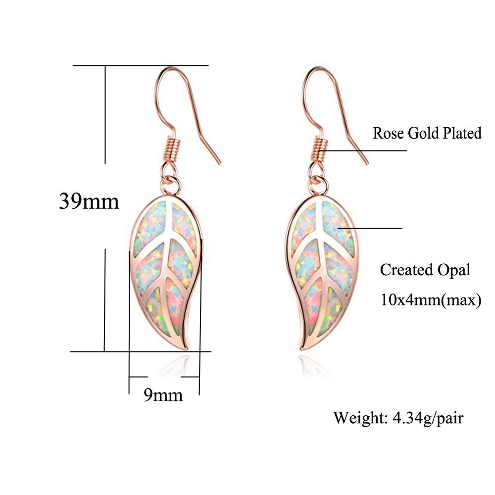 CINily Rose Gold Opal Dangle Earring-Leaf Drop Earrings White Opal Gemstone Dangle Earrings for Women