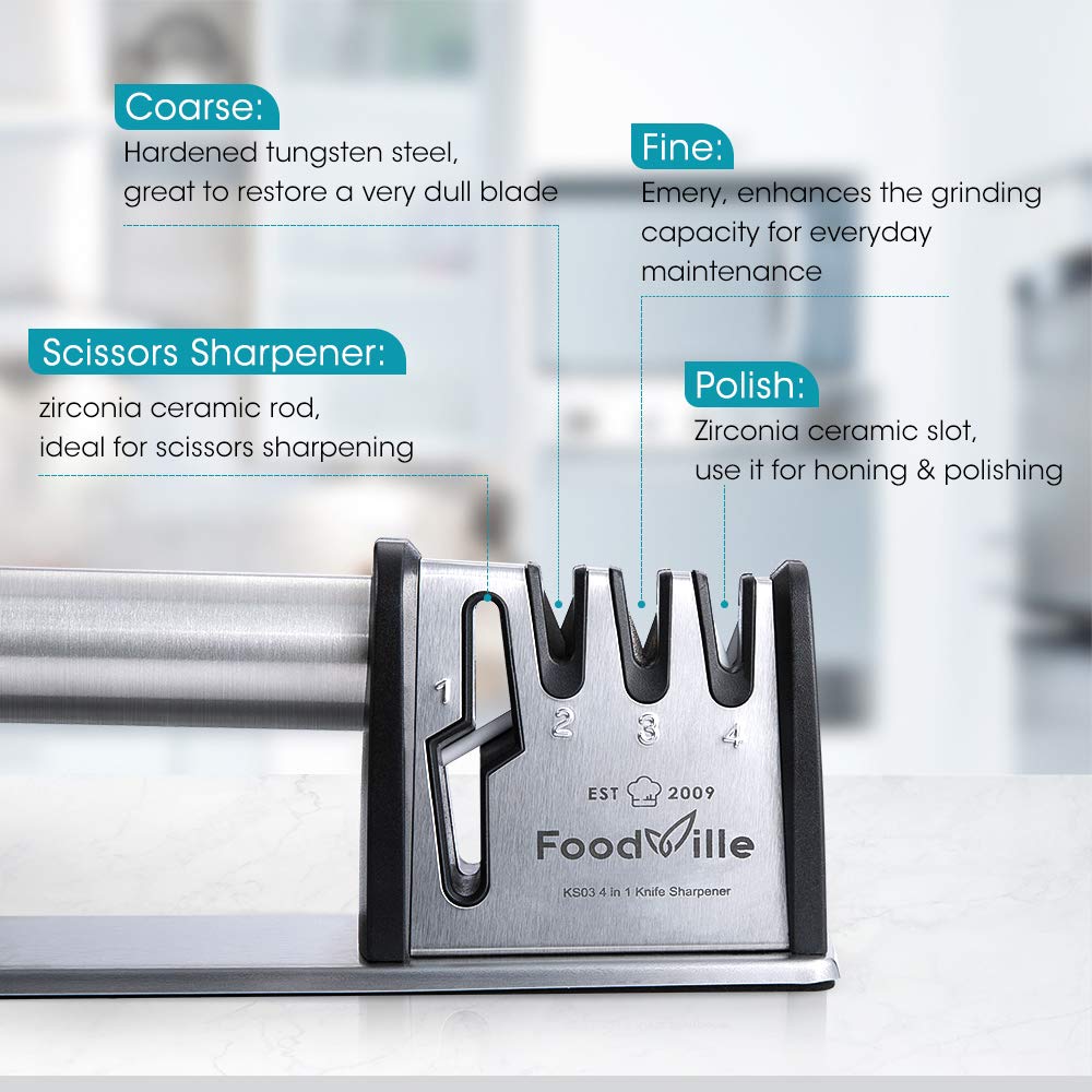 FoodVille KS04 Knife Sharpener for Kitchen Knife Pocket Knife Hunting Knives Including Straight Blades and Scissors (4 Slots) (Black)