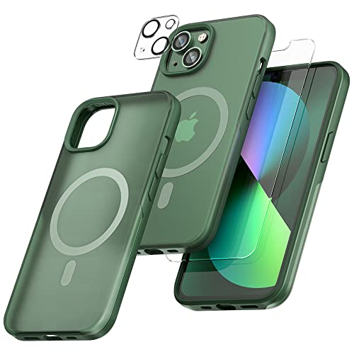 TAURI [5 in 1 Magnetic Case for iPhone 13 [Military Grade Drop Protection] with 2X Tempered Screen Protector +2X Camera Lens Protector, Translucent Matte Slim Fit iPhone 13 Mag-Safe Case 6.1”-Green