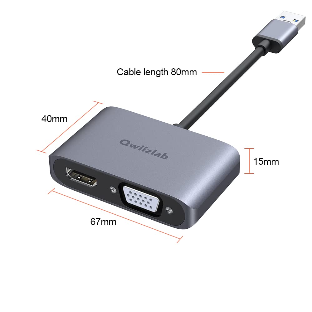 Qwiizlab USB 3.0 to HDMI VGA Adapter, 1080P@60Hz Video Converter, Supports Windows 7/8/10/11 Only, USB-A Data Port