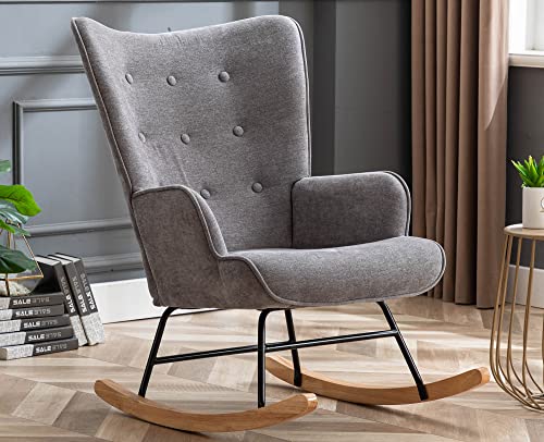 VESCASA Linen Rocking Chair with Tufted Wingback,23.5" Wide Midcentury Modern Indoor Glider Rocker with Arms for Nursery/Reading/Living Room/Bedroom, Grey