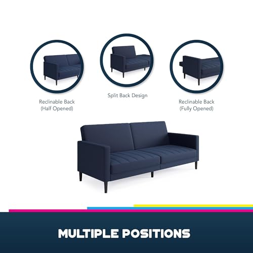 DHP Farnsworth 79 Inch Futon Sofa Bed, Upholstered Couch Sleeper with Tufted Seat, Mid-Century Modern, Navy