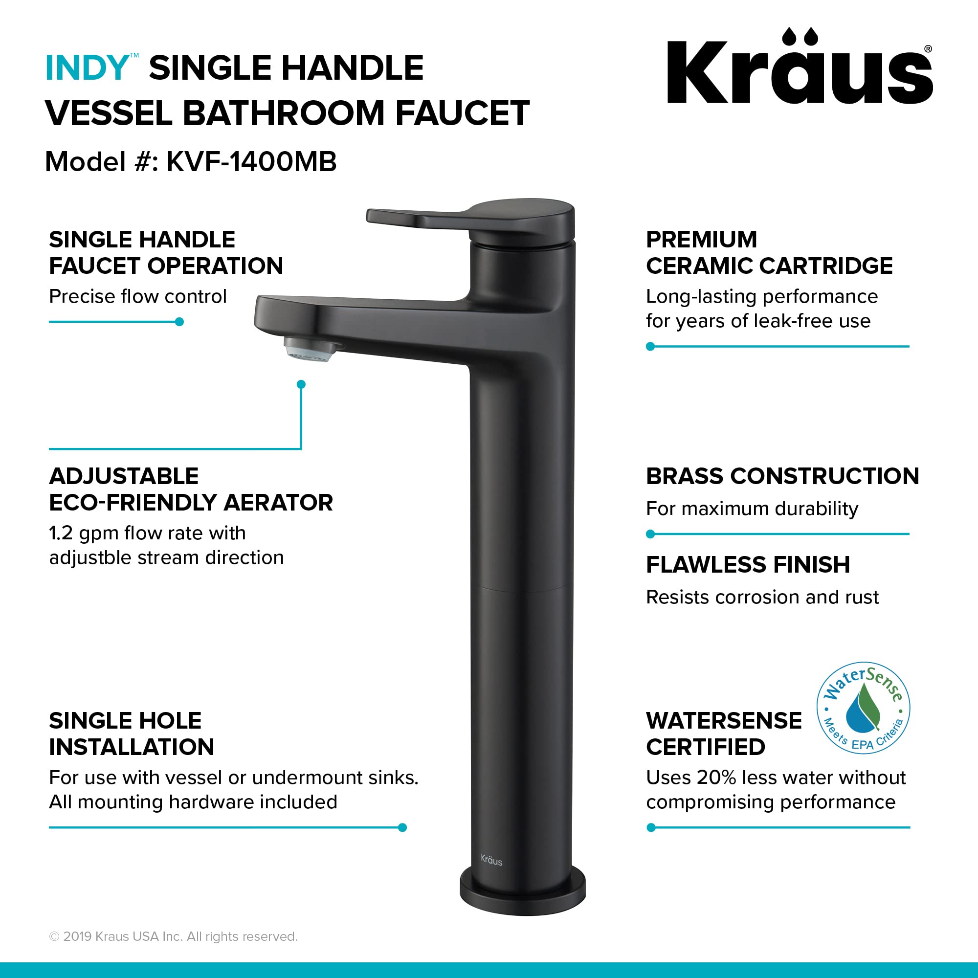 KRAUS Indy Single Handle Vessel Bathroom Faucet in Matte Black, KVF-1400MB