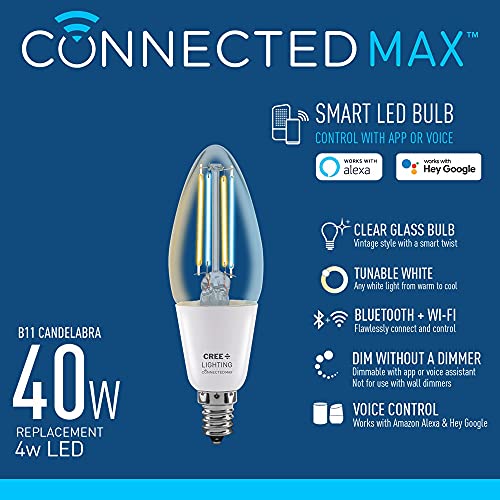 Cree Lighting Connected Max Smart Led Vintage Glass Filament Bulb B11 Candelabra 40W Tunable White, 2.4 Ghz, Compatible with Alexa and Google Home, No Hub Required, Bluetooth + WiFi, 6Pk, Clear