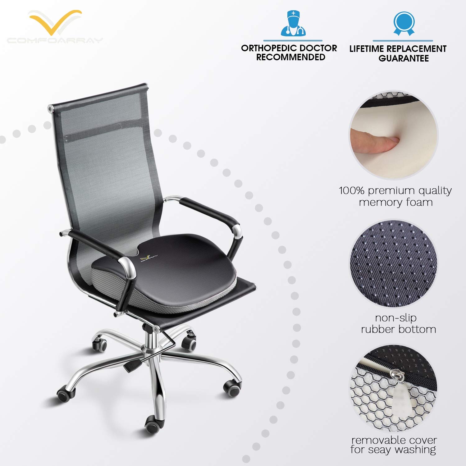 ComfoArray Large Seat Cushion :17"× 19", Car Seat Cushion,Chair Cushion for Lumber,Back,Tailbone and Leg Relief,with Increasing Thickening and Side Ventilation Design.