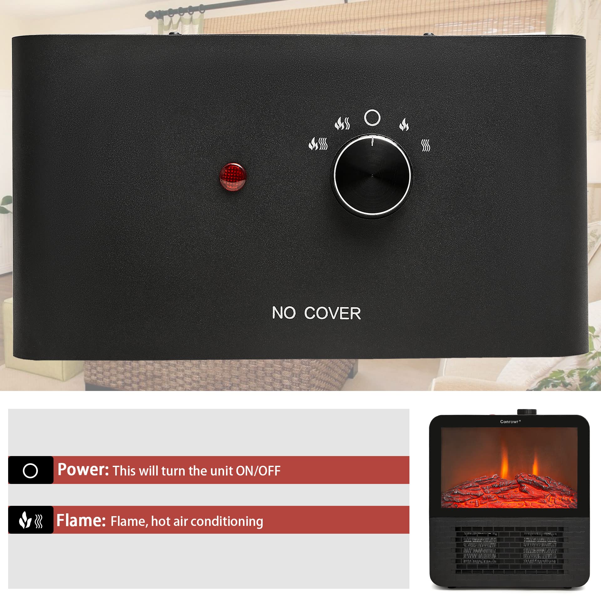 CONROWR 17inch Recessed Electric Fireplace Plug-in Heater, Recessed Freestanding Fireplace, Adjustable Flame Brightness Speed, Low Noise, 1600 Watts, Black