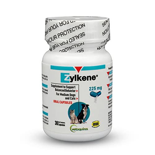Vetoquinol Zylkene Behavior Support Capsules for Medium Dogs 33-65lbs, Calming All Natural Milk Protein Supplement, Helps Relieve Dog Anxiety During Fireworks and Thunder, 225mg