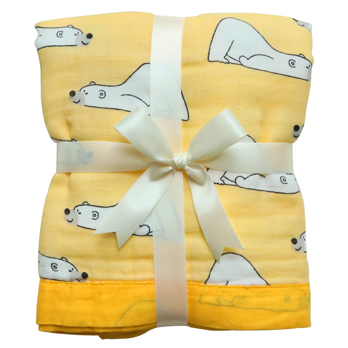 Muslin Soft Swaddle Blanket Quilt, Baby Blankets for Boy Girl Toddler Daycare, 4 Layers Swaddle Wrap, Size 43X45inchs (Bear Yellow)