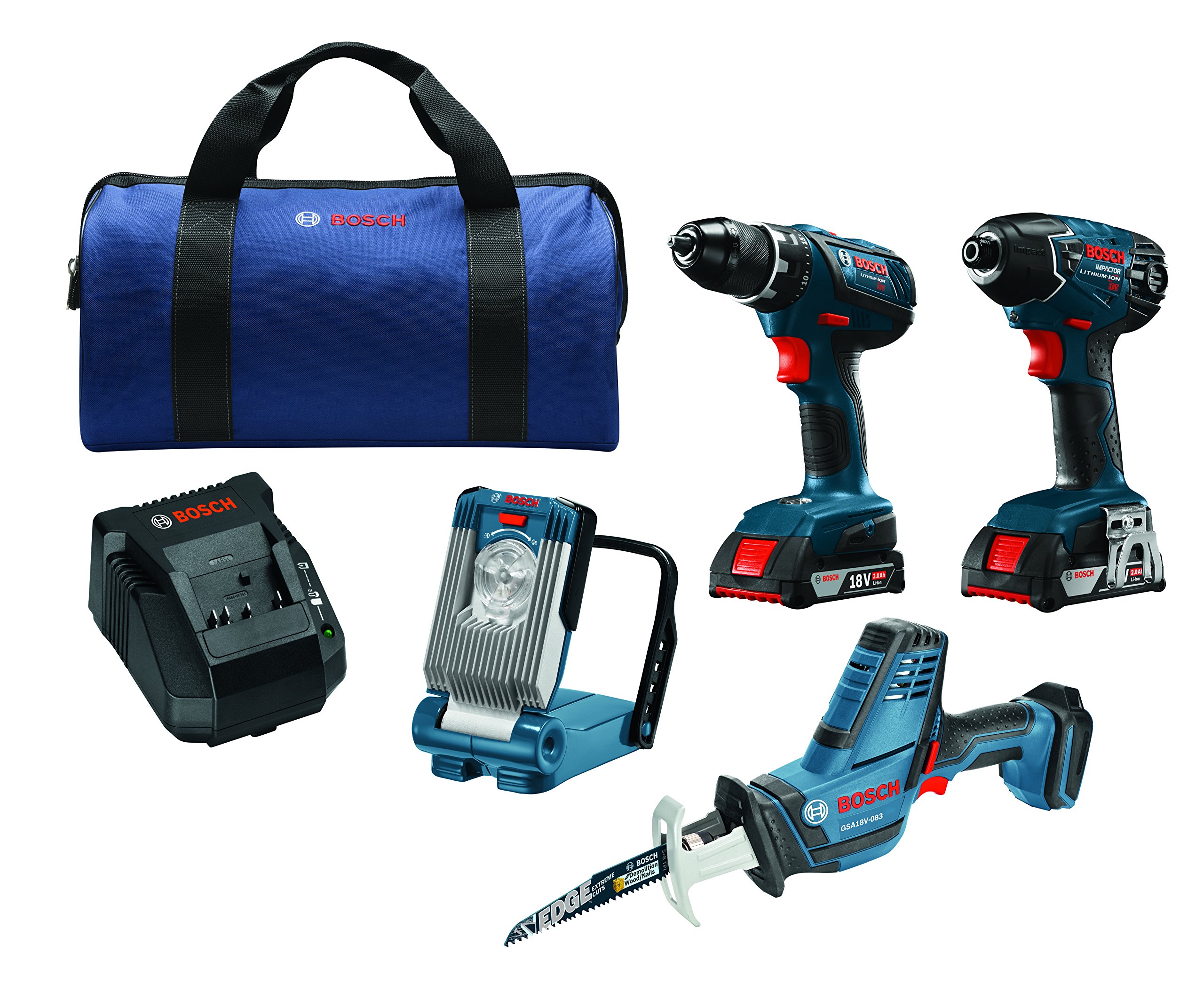 Bosch 18V 4-Tool Combo Kit with Compact Tough Drill/Driver, Impact Driver, Compact Reciprocating Saw, LED Work Light CLPK496A-181