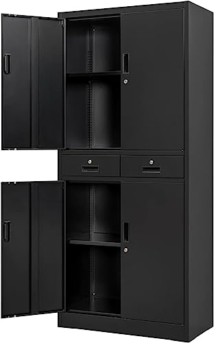 CJF Metal Storage Cabinet with Adjustable Shelves and Drawers, Locking Steel Storage Cabinet for Pantry, Office, Garage, Home, School, Utility (Black)
