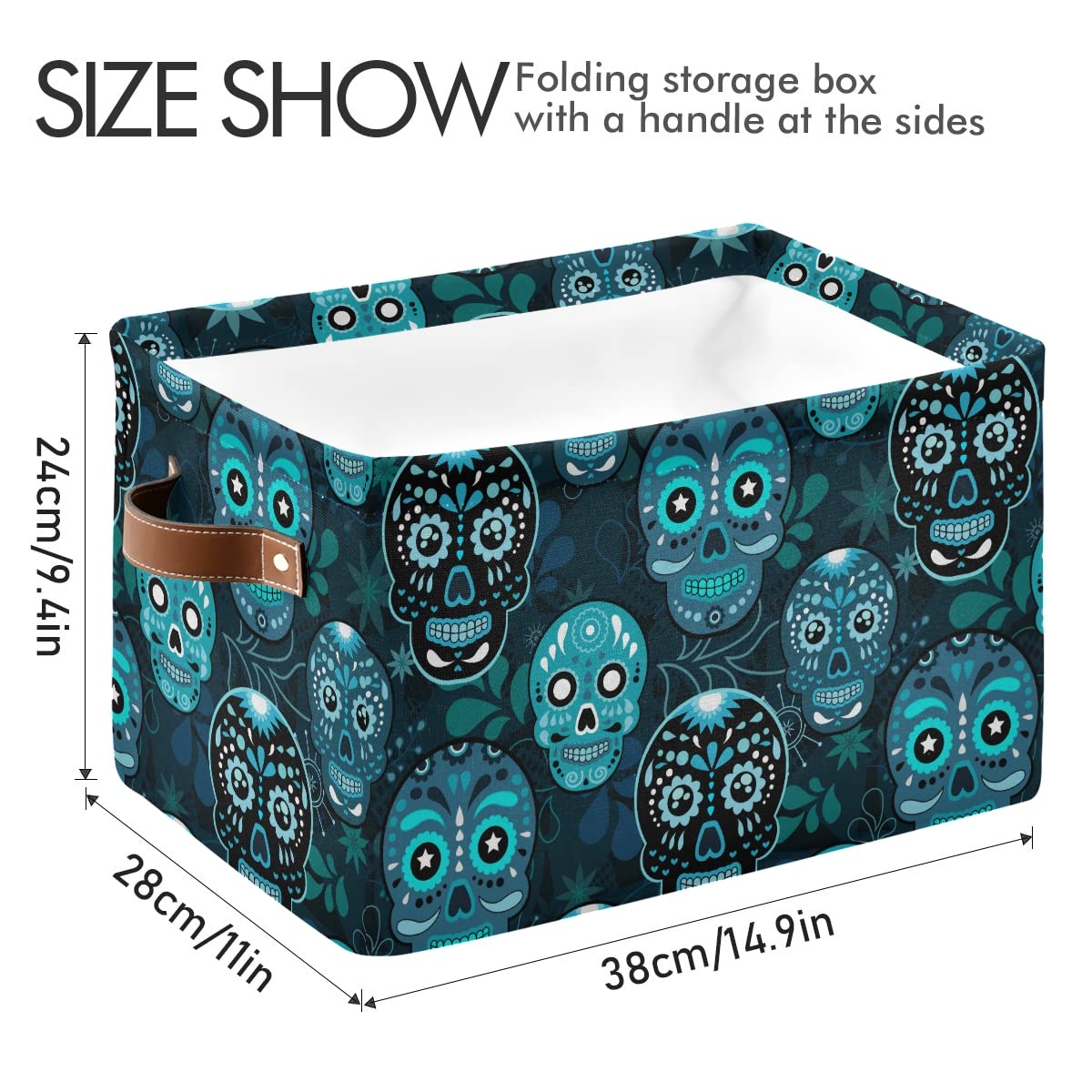 Dead Day Sugar Skull Rectangular Storage Bin Basket with Handles - Nursery Storage, Laundry Hamper, Book Bag, Gift Baskets