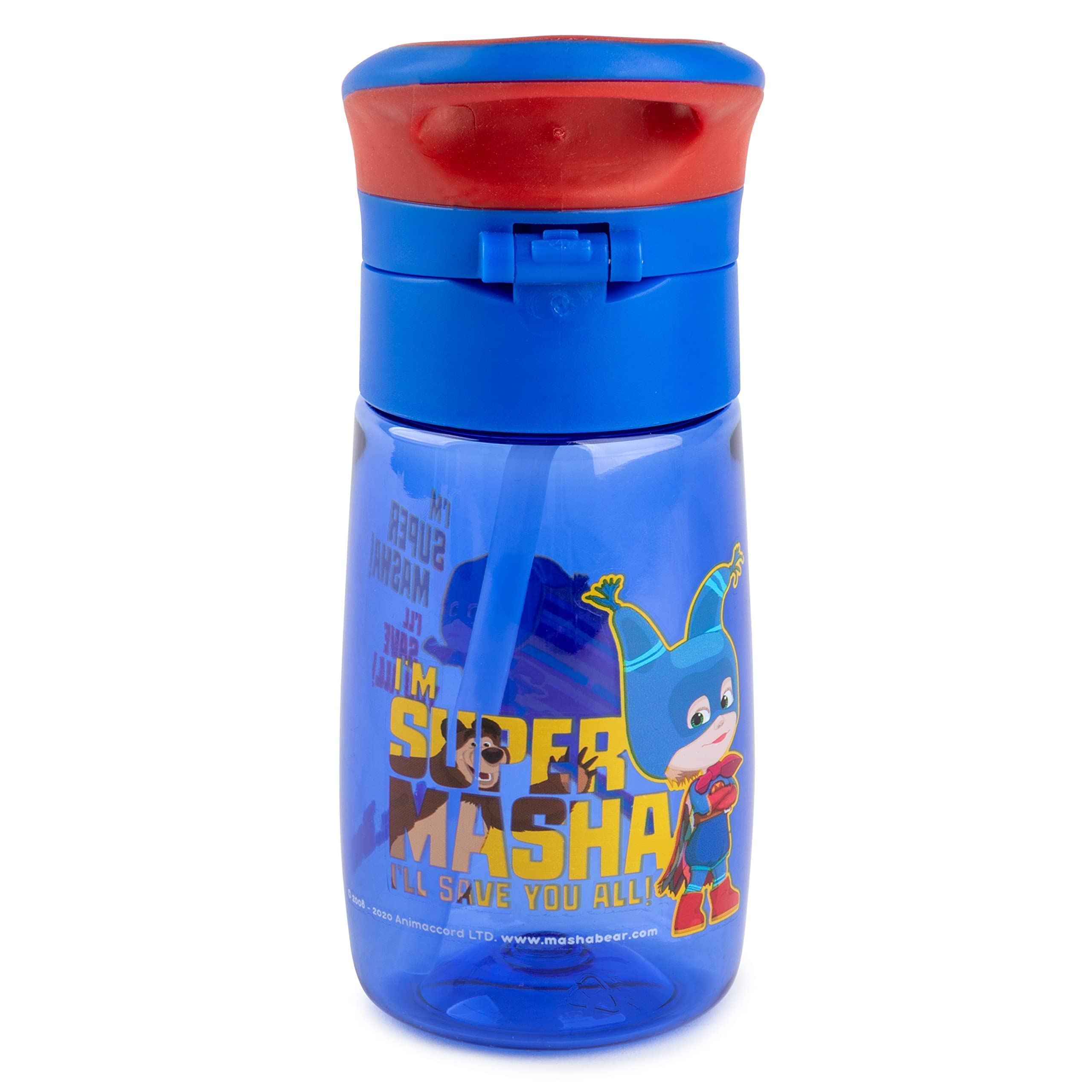 Masha and the Bear 14oz Kids Water Bottle With Straw - Spill Proof Straw Valve, Pop Button, BPA Free Water Bottle for Kids School - Featuring Soft Silicone Handle Grip - Children's Drinkware - Blue