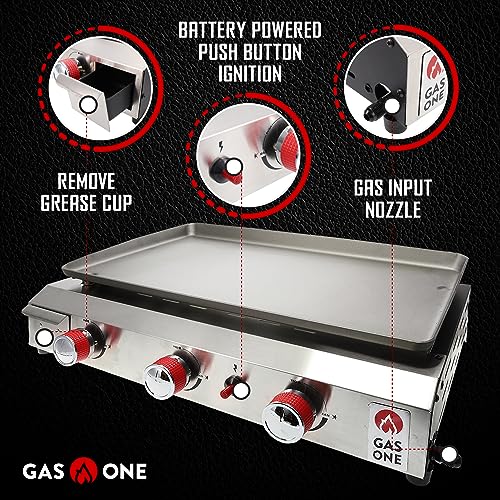 Gas One Flat Top Grill with 3 Burners β Auto Ignition Propane Portable Gas Grill β Premium Stainless Steel Body Tabletop Grill with Pre Season Griddle β Convenient Drip Tray β Ideal for RV, Camping