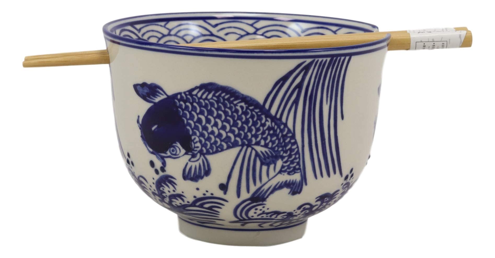 Ebros Ming Style Zen Blue White Koi Fishes By Waterfall Ramen Udong Noodles 5" Diameter Bowl With Built In Chopsticks Rest and Bamboo Chopstick Set for Dining Soup Rice Meal Cereal Bowls Decor Kitchen