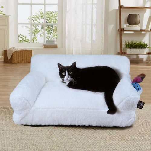 FORMYCATIE Pet Couch Bed, Washable Cat Beds for Medium Small Dogs & Cats up to 25 lbs, Soft Calming Cat Sofa Beds for Indoor Cats Anti-Slip Bottom,Fluffy Cat Couch (White)