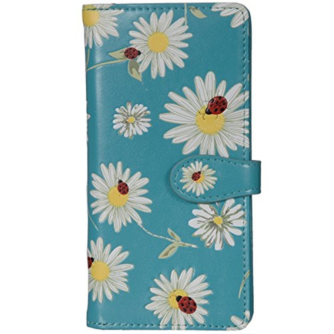 Shag Wear Women's PU Vegan Leather Card Holder Slim Trendy Snap Closure Large Bifold Clutch Wallet with 11 Credit Card Slots, 1 Clear ID Pocket, and 1 Zipper Pocket (Daisies and Ladybugs, Teal)