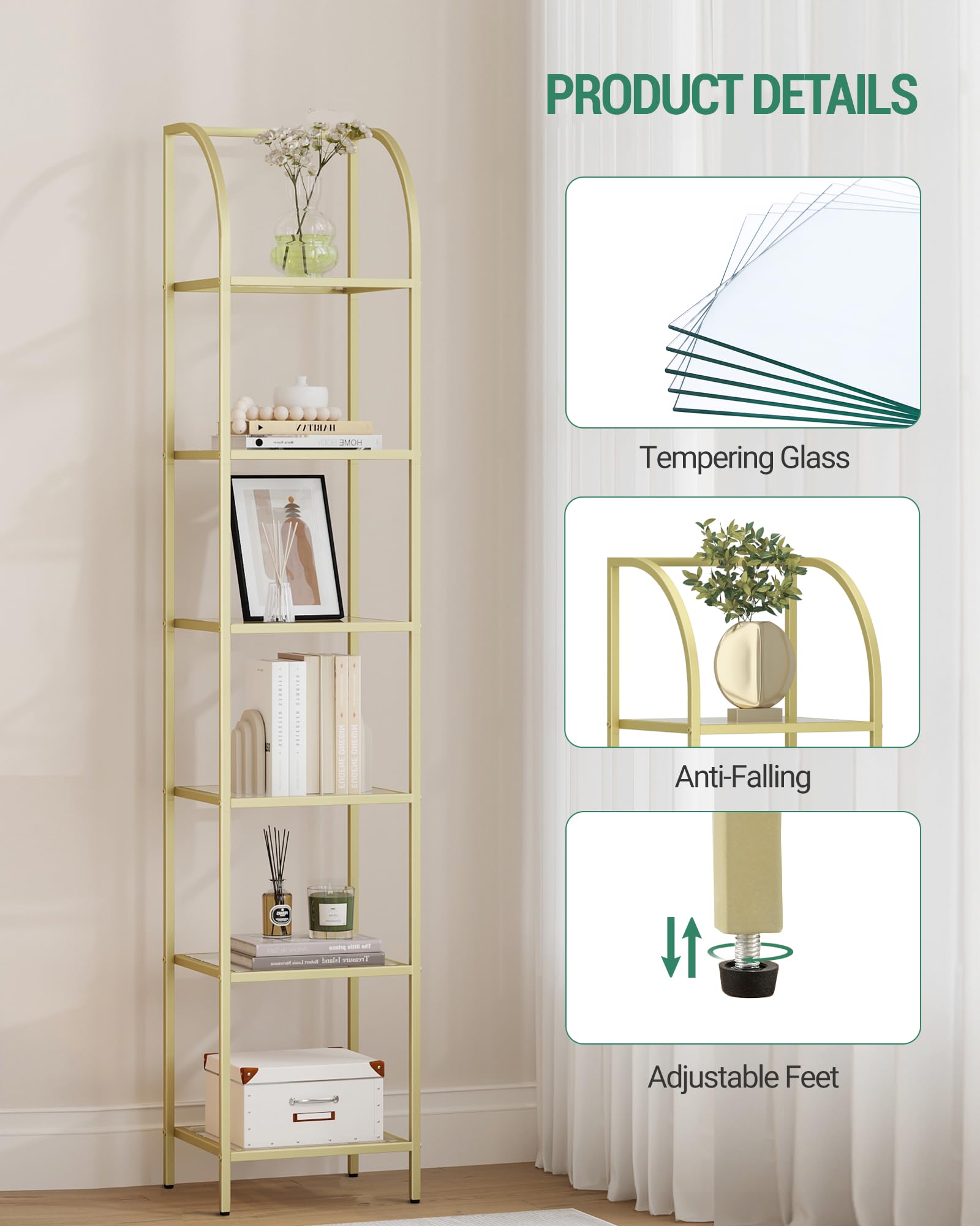 Hzuaneri Bookcase Bookshelf, Tempered Glass Arched Bookshelf for More Storage, Slim Shelving Unit for Bedroom, Bathroom, Home Office, Steel Frame, 6 Tier Gold BC20699G