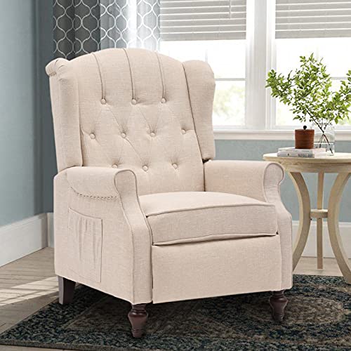 IPKIG Recliner Chair with Heated and Massage, Tufted Comfy Wingback Design Push Back Recliners Armchair Accent Chairs with Side Pockets for Living Room, Bedroom, Home (1, Beige)