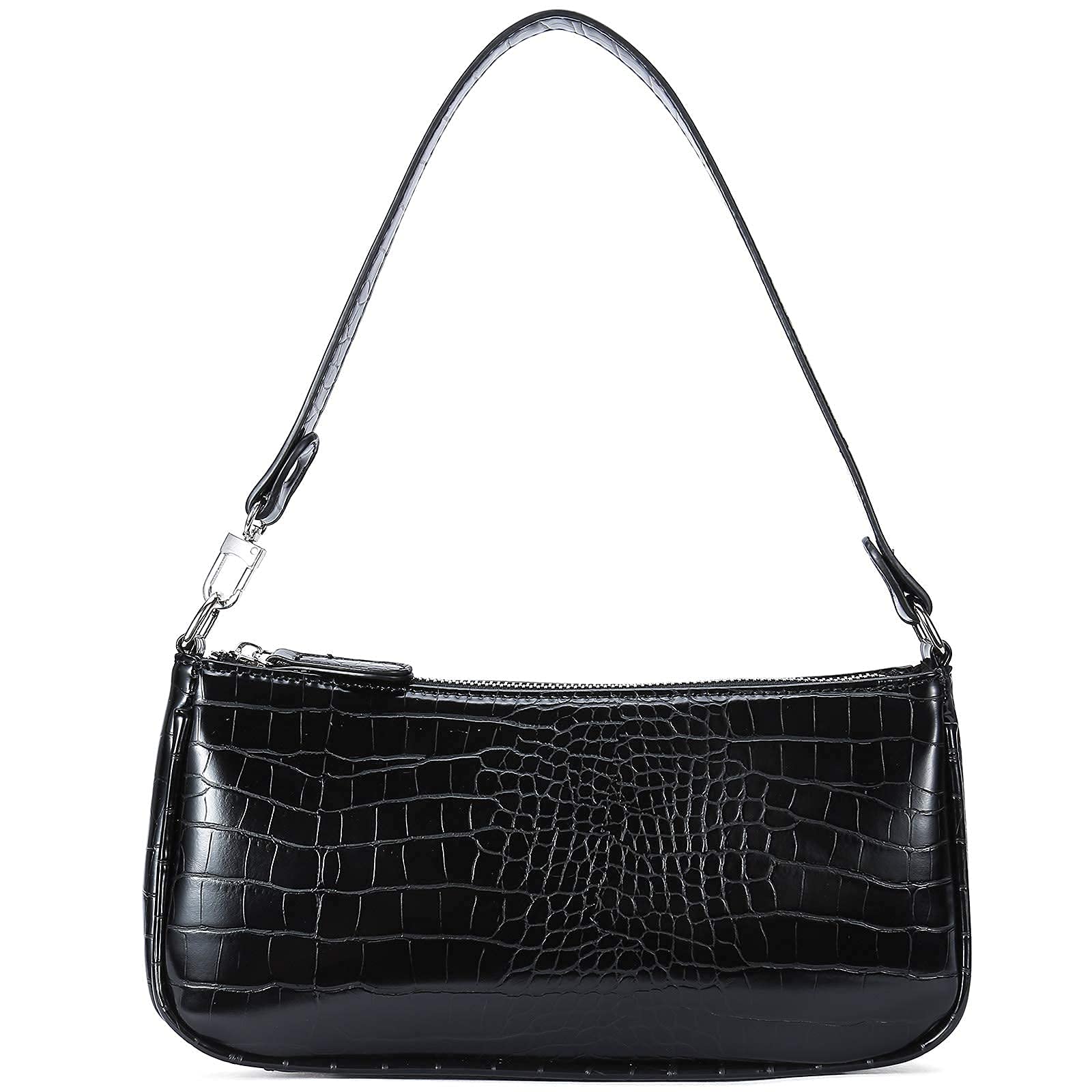 Small Shoulder Bags for Women Mini Handbags with Croc Pattern (Black with Leather Strap)