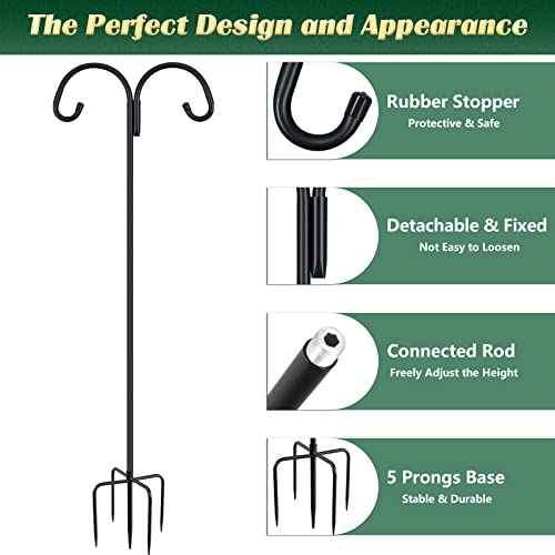Gtongoko 92 Inch 2 Pack Adjustable Double Shepherd Hook for Outdoor with 5 Prong Base, 5/8 Inch Thick Heavy Duty Bird Feeder Pole for Bird Feeder Lanterns Weddings Decor
