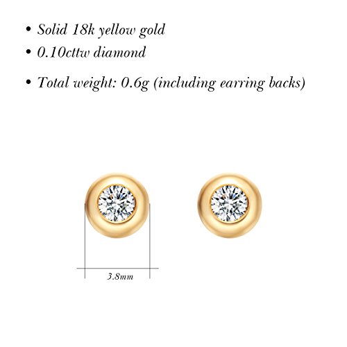 Carleen Solid Real 18K Yellow Gold Solitaire Bezel Set 0.1cttw Round Sparkling Genuine Diamond Small Tiny Stud Earrings for Women Girls, Diameter 3.8mm