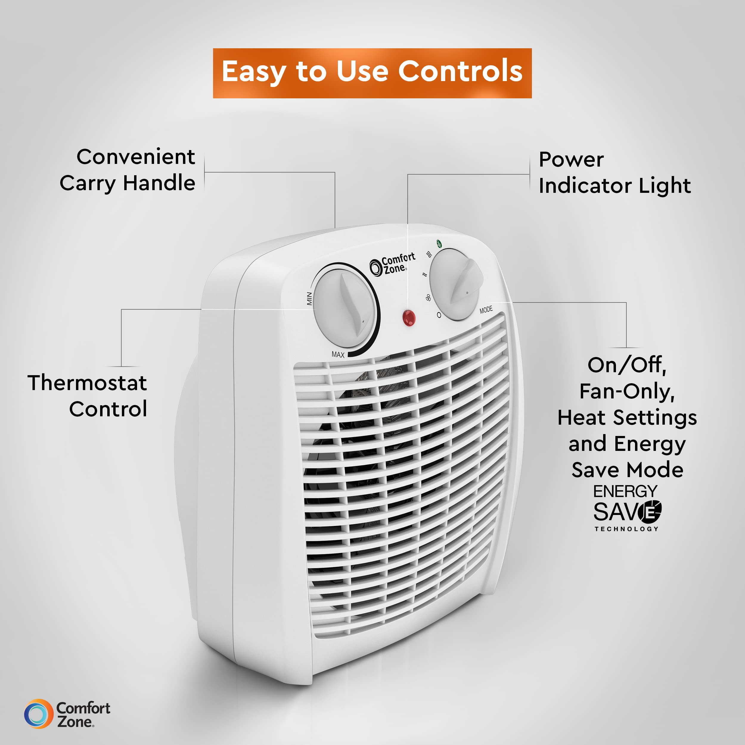 Comfort Zone Indoor Space Heater with Adjustable Thermostat, Fan Forced, Electric, Overheat Protection, Safety Tip-Over Switch, Energy Efficient, Ideal for Home, Bedroom, & Office, 1,500W, CZ45E