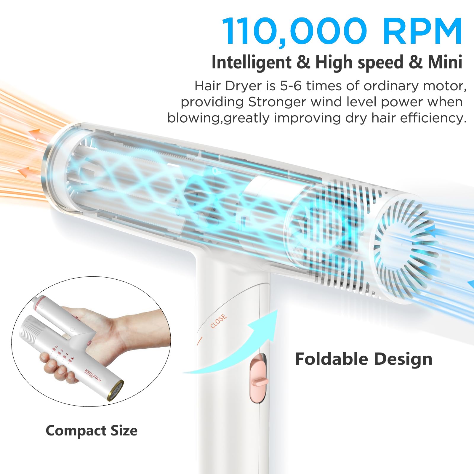 Maxfoxe Hair Dryer for Women, Blow Dryer Set 9 Modes Foldable Ionic Professional High Speed Fast Drying Brushless Compact Blower Magnetic Concentrator Nozzle Diffuser Attachment for Home,Hotel,Salon