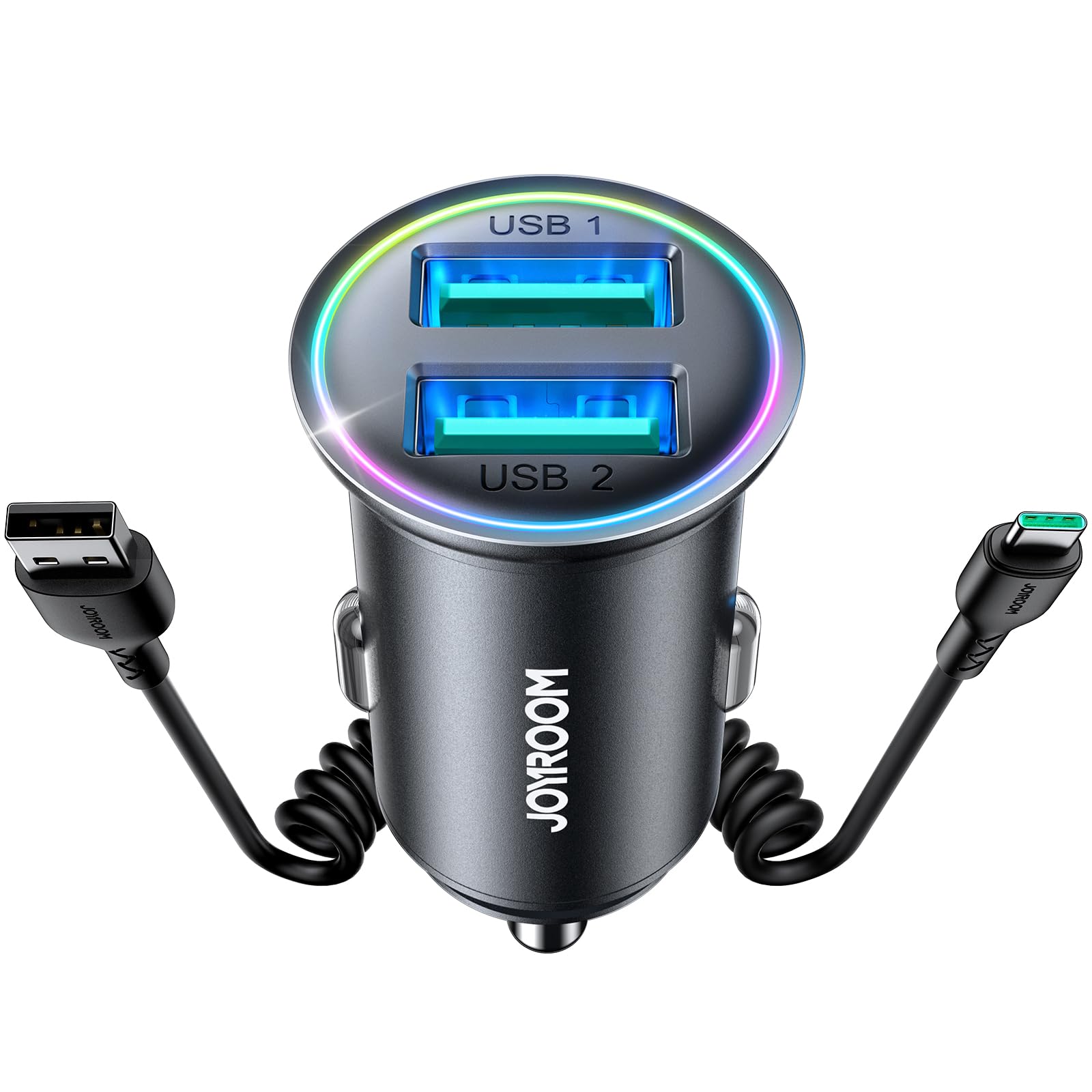 Car Charger,JOYROOM 4.8A Car Phone Charger All Metal, Mini Cigarette Lighter USB Charger with Type C Coiled Cable for iPhone 15 Pro, Dual USB Car Charger Adapter Fast Charge for iPhone/Samsung/Android