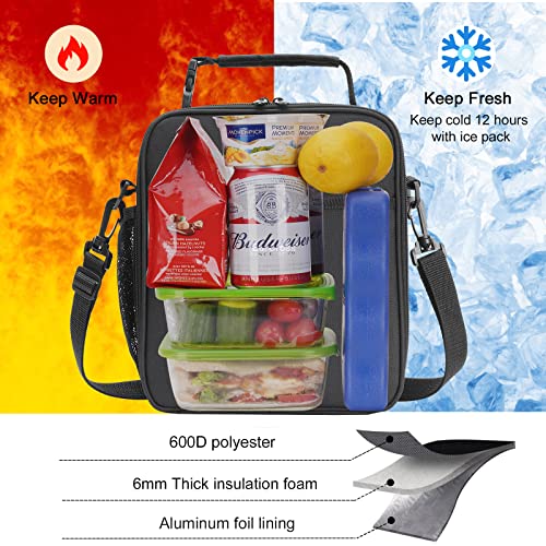 EurCross Insulated Rectangle Lunch Box with Carrying Strap, Portable Flat Mens Lunchbox for Work, 32% Larger than other Slim Small Lunch Bag, Reusable Mini Cooler Bag for Women Adult, Black