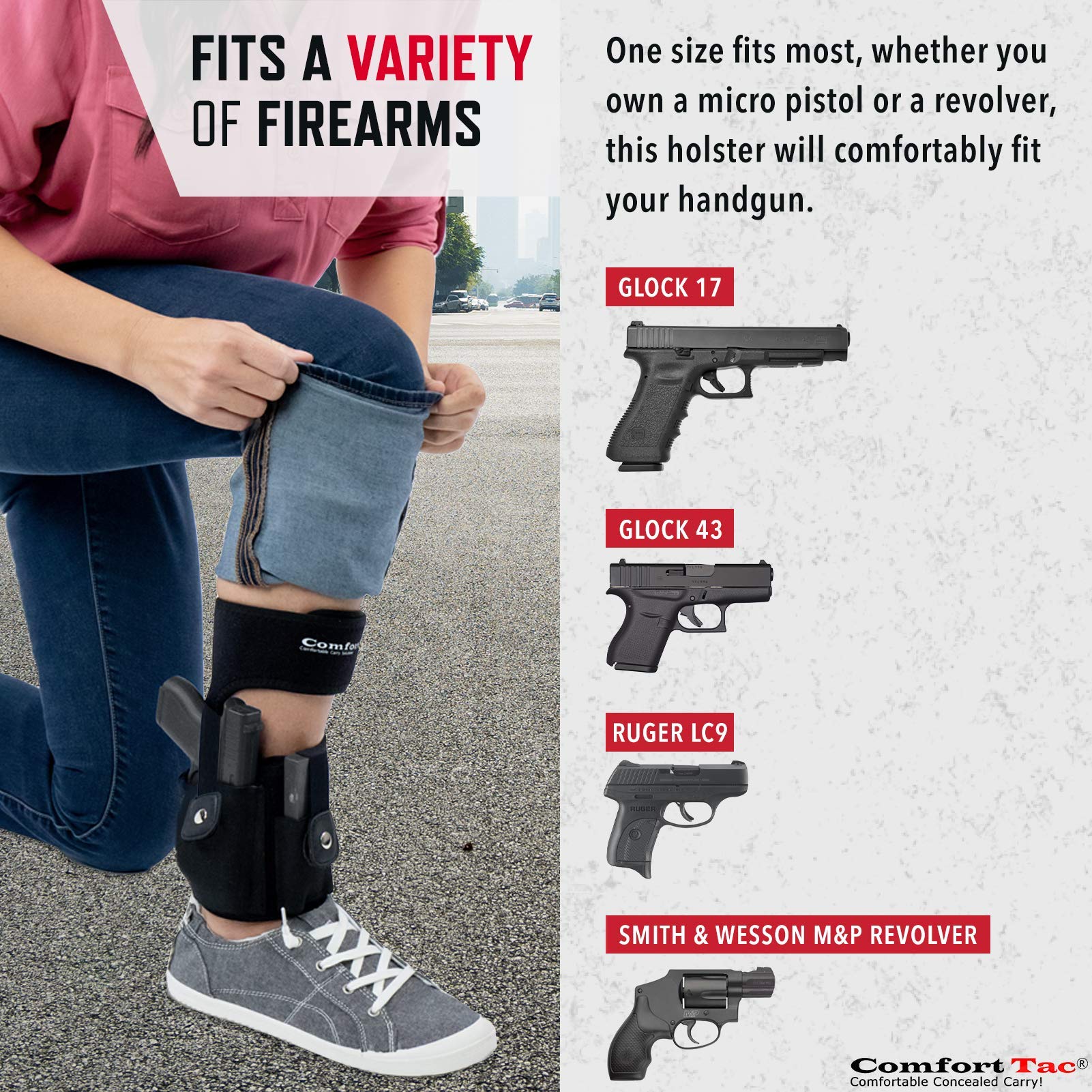 ComfortTac Ankle Holster with Calf Strap and Spare Magazine Pouch for Concealed Carry - One Size Fits Most - Compatible w/Glock 19, 26, 36, 42, 43, S&W Shield, Bodyguard 380, Ruger LCP, LC9, and More