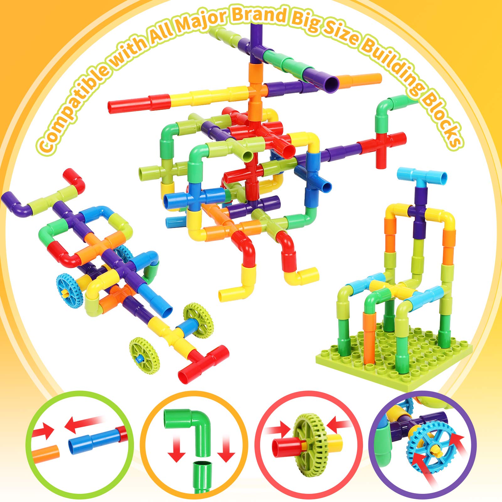 STEM Toy Pipe Tube Building Set for Kids, 175 Pcs Tube Locks Construction Building Blocks Set with Storage Container Box, Pipe Building Toys for Boys Girls Age 3+, Multicolor Educational Toy Gift