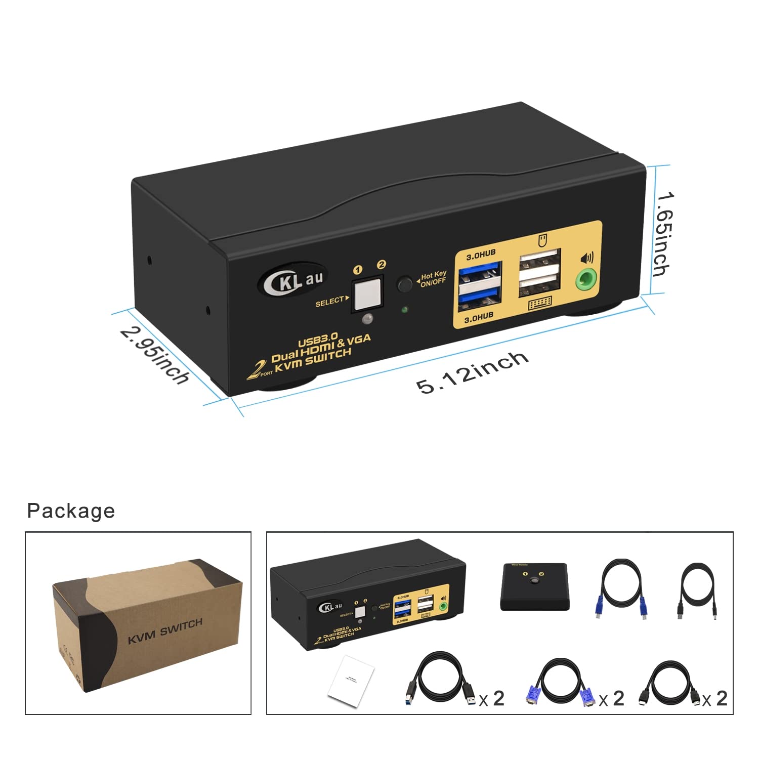 CKLau 4Kx2K@60Hz 4:4:4 2 Port USB 3.0 Dual Monitor KVM Switch HDMI + VGA with Audio and Cables, HDMI VGA KVM Switch 2 Monitors 2 Computers Support Wireless Keyboard Mouse