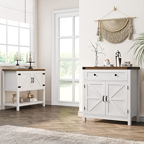 HOSTACK Coffee Bar Cabinet, Modern Farmhouse Buffet Sideboard with Drawer and Adjustable Shelf, Barn Door Storage Cabinet for Kitchen, Dining Room, Bathroom, Entryway, White