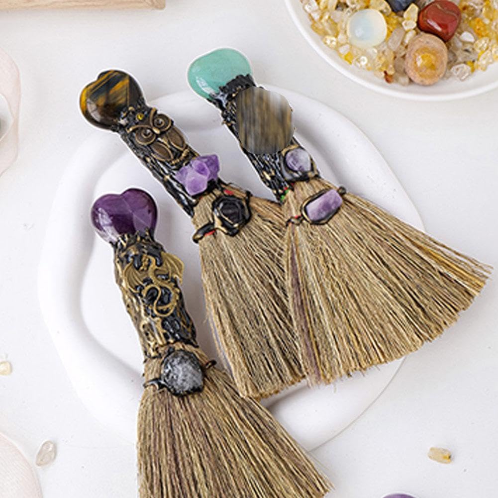 JHIALG Witch Broom Crystal Witch Wiccan Altar Broom, Halloween Hanging Props Cosplay Broomstick, Handmade Reiki Broomstick for Cleansing Healing Fengshui