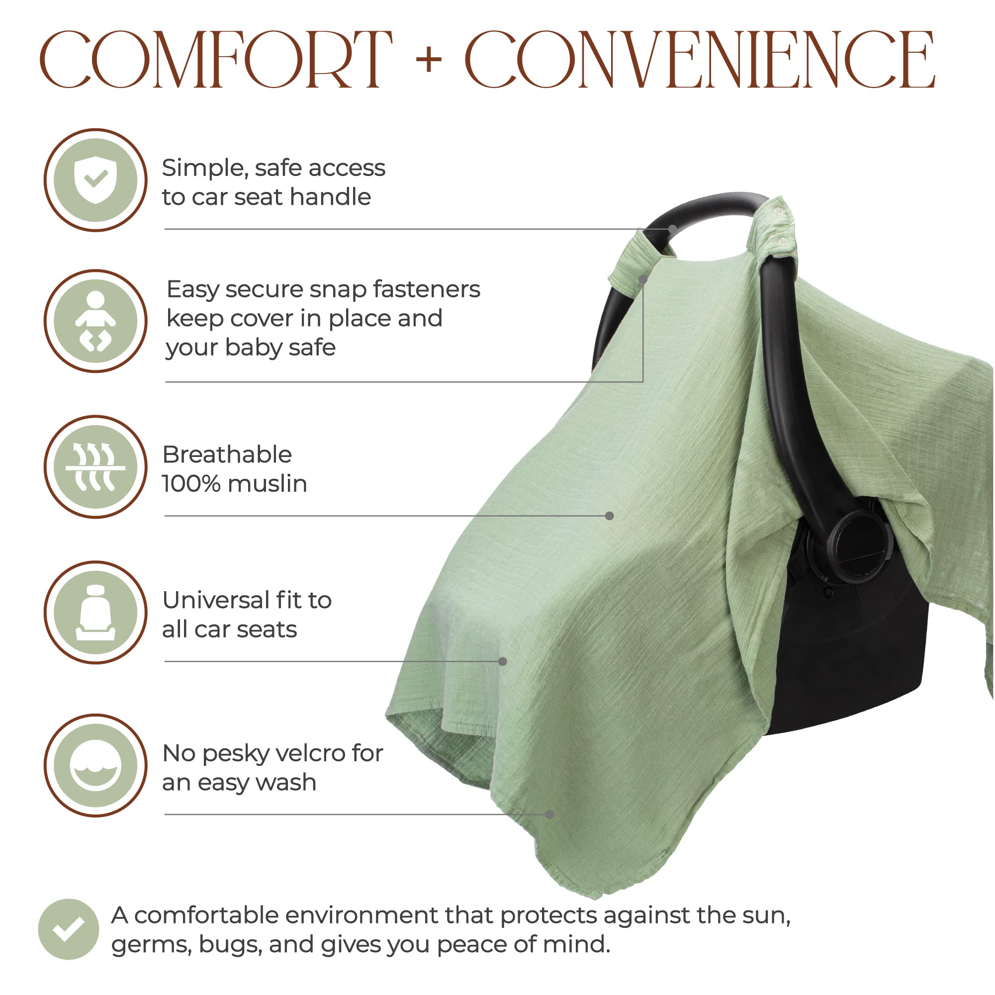 Comfy Cubs Swaddle Blanket Baby Girl Boy Easy Adjustable 3 Pack and Muslin Cotton Baby Car Seat Cover Bundled