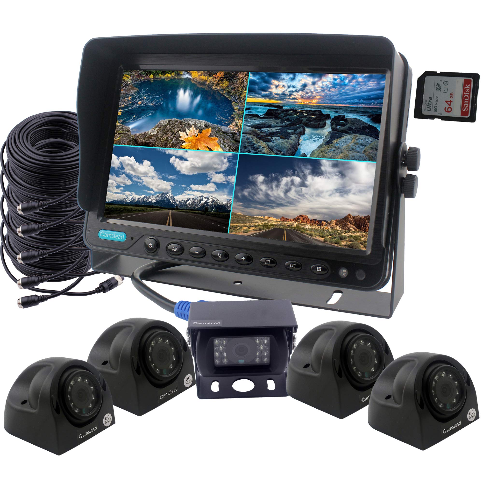 CAMSLEAD Car Backup Camera System 9 inch Monitor Built-in DVR Recorder with Quad Split Screen CCD Waterproof Night Vision Side Camera Rear View Camera Monitor Kit for Truck Van Caravan Trailers