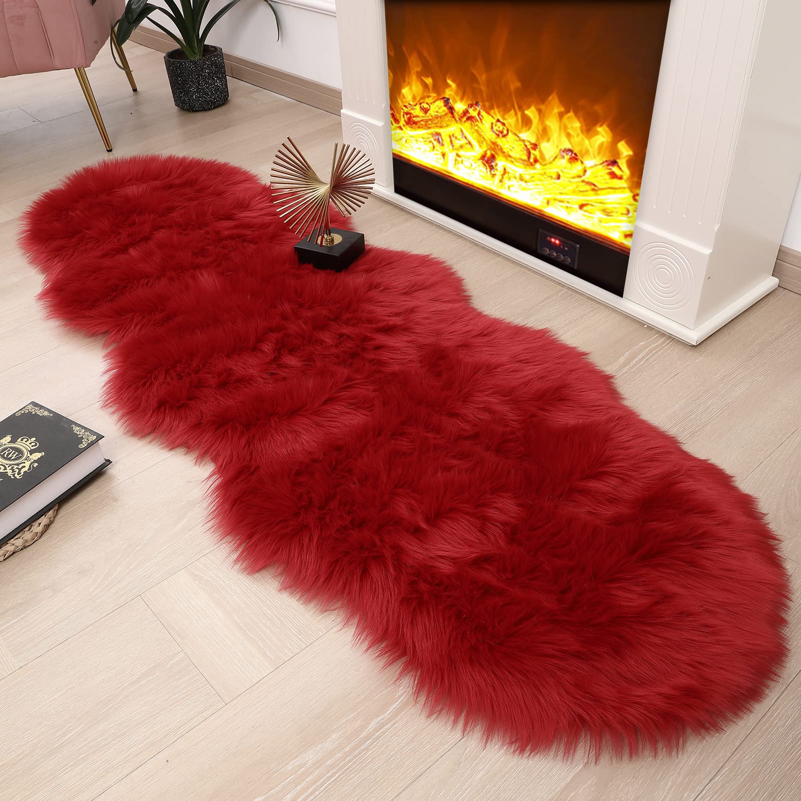 CKLZSAY Red Faux Fur Sheepskin Rug Super Soft Fluffy Plush Area Rug Bedroom Floor Children's room Sofa Cushion Living Room Runners Bedside Rugs (Redļ¼2Ć6 ft sheepskin)