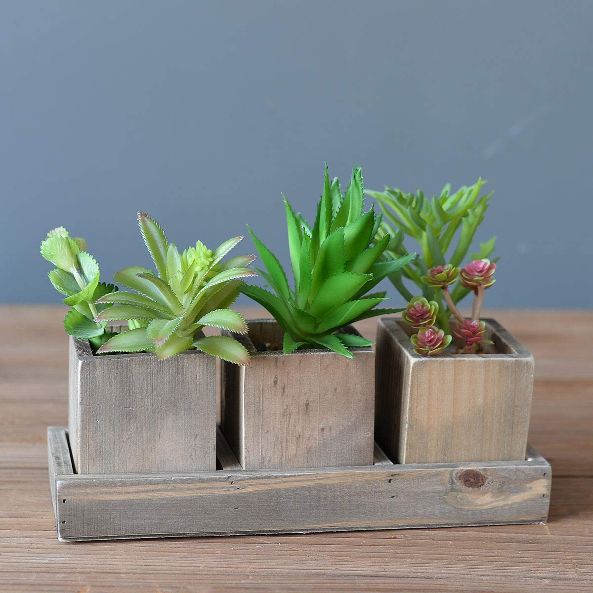 Set of 3 Fake Succulents Plants, Artificial Succulents with Rustic Style Wood Square Pots & Rectangular Tray, Desktop herb Garden Mini Faux Succulents for Home Décor