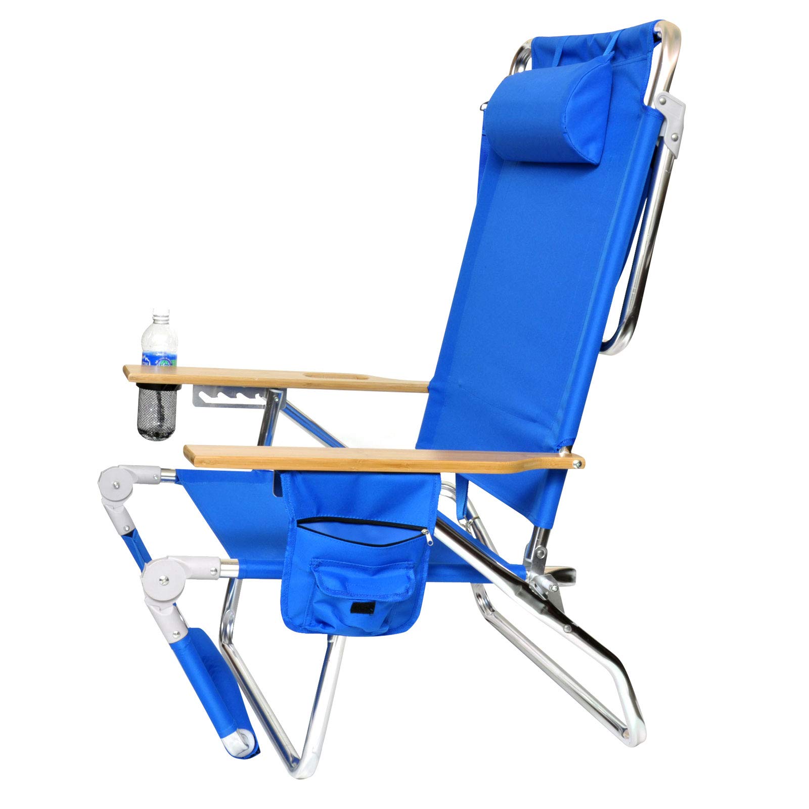 Deluxe 5 pos Lay Flat High Aluminum Beach Chair Lounge Chaise with Foot Rest, Large Storage, Waterproof Cell Pouch
