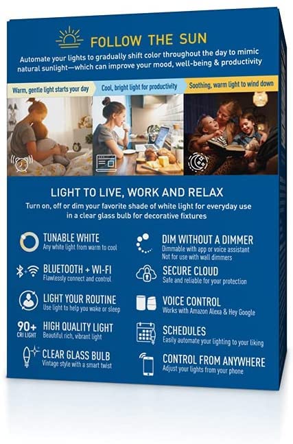 Cree Lighting Connected Max Smart Led Vintage Glass Filament Bulb B11 Candelabra 40W Tunable White, 2.4 Ghz, Compatible with Alexa and Google Home, No Hub Required, Bluetooth + WiFi, 6Pk, Clear
